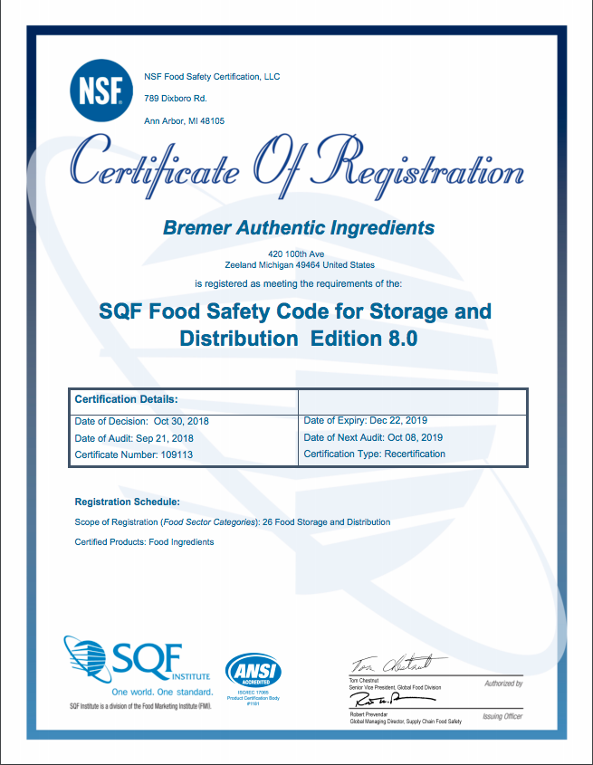 Safe Quality Foods (SQF) Certified | Bremer Authentic Ingredients